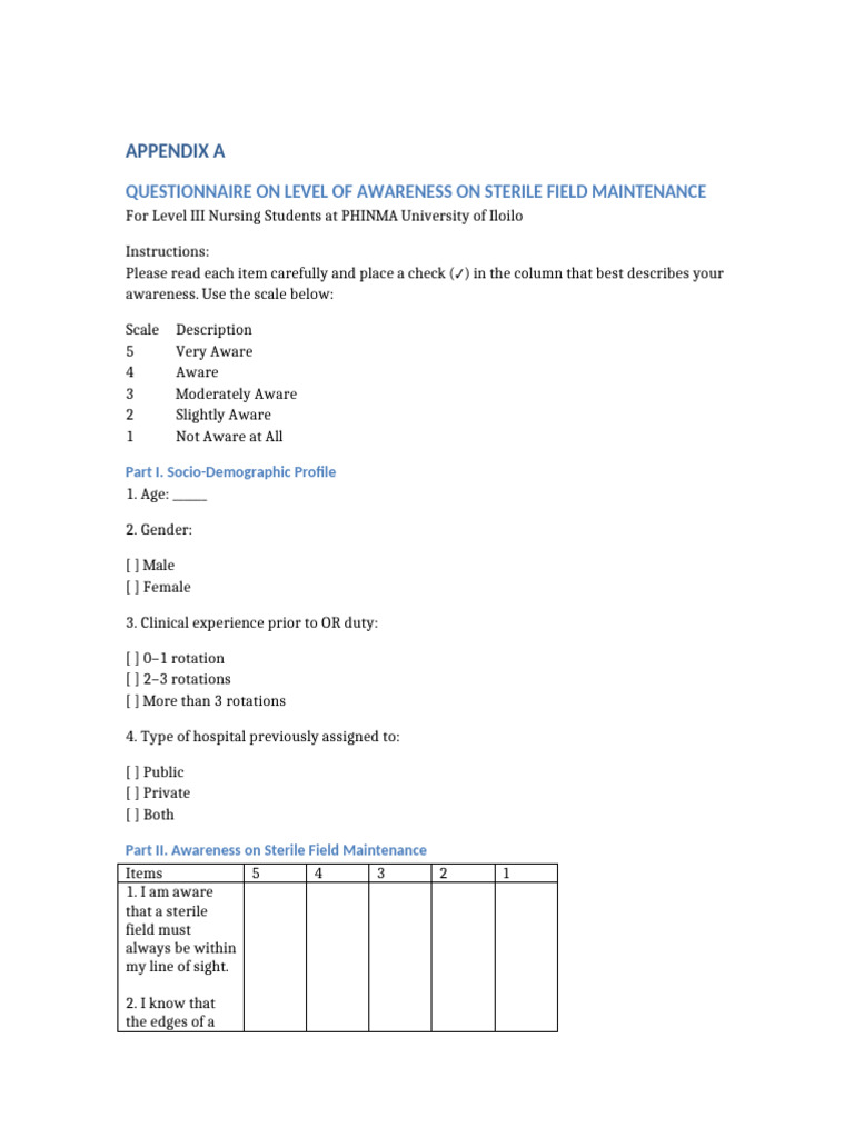 Appendix A Sterile Field Questionnaire | PDF