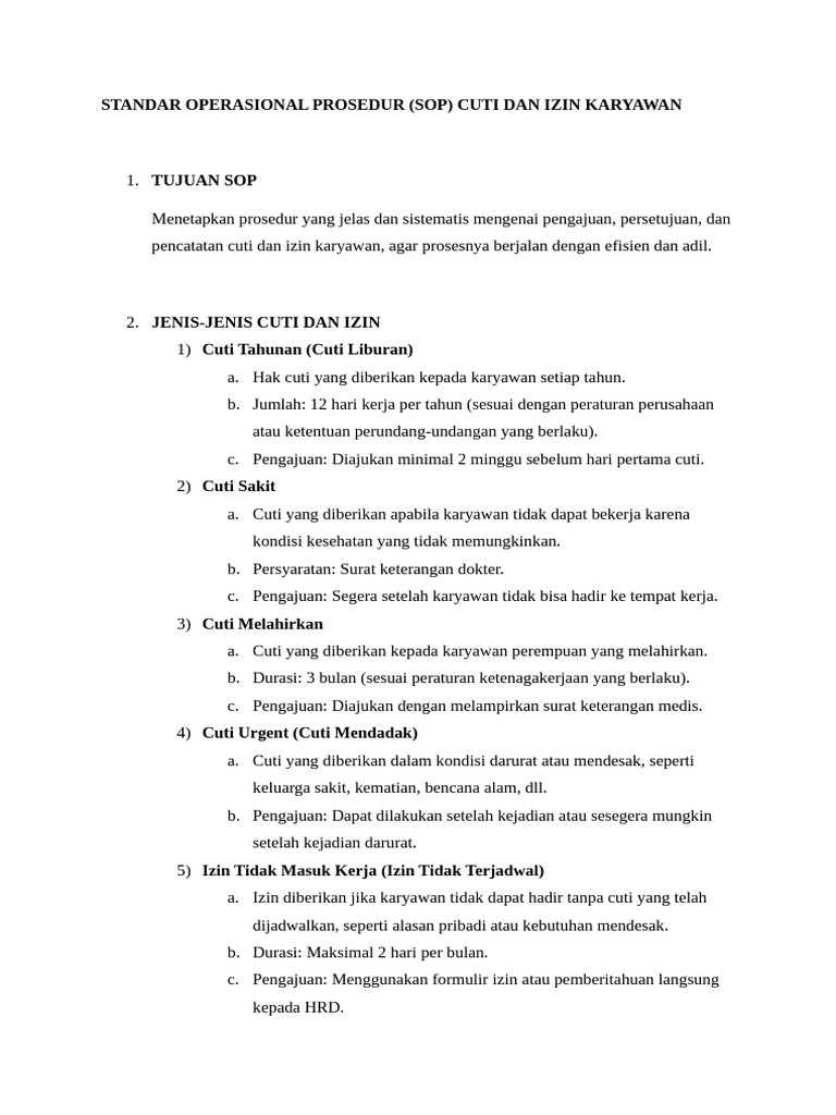Sop Cuti Dan Izin Karyawan | PDF