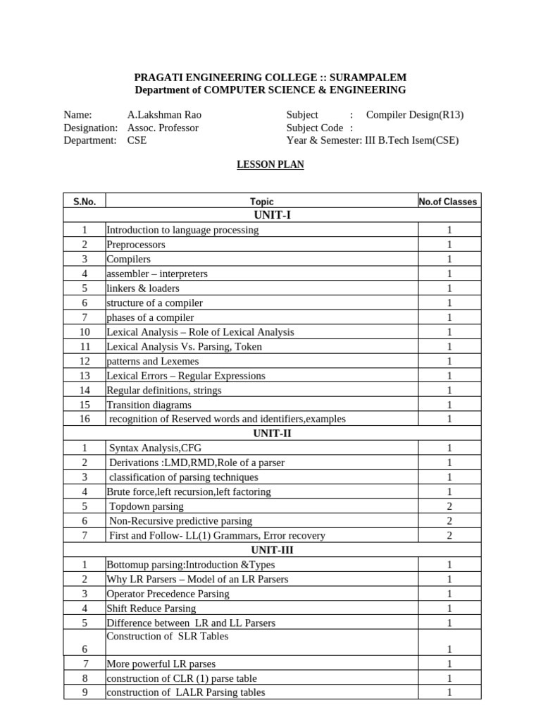 Lession Plan (3rd Cse CD) | PDF | Parsing | Compiler
