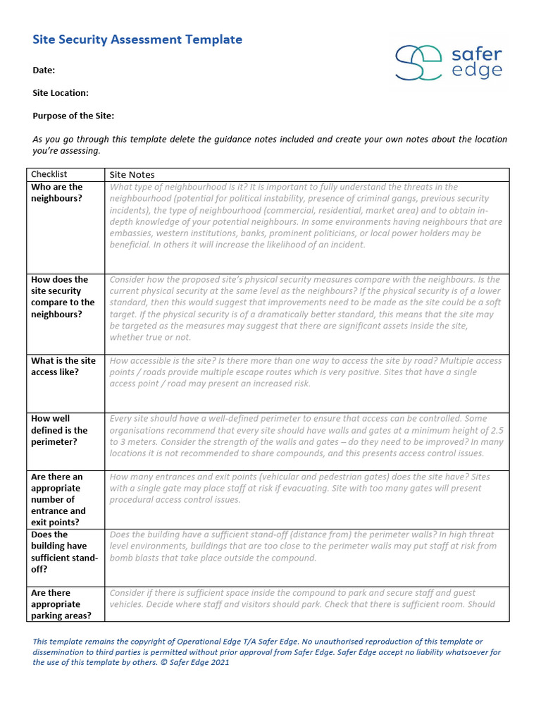 Safer Edge Site Security Assessment Template | PDF | Securities | Door
