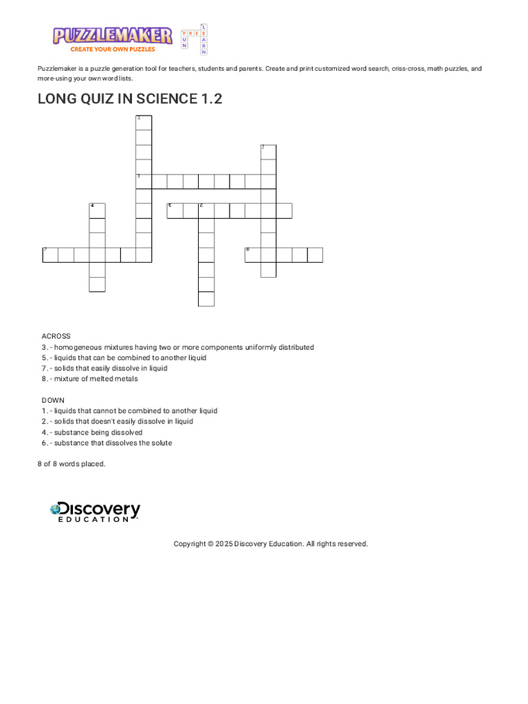 Criss Cross Puzzle - Discovery Education Puzzlemaker | PDF
