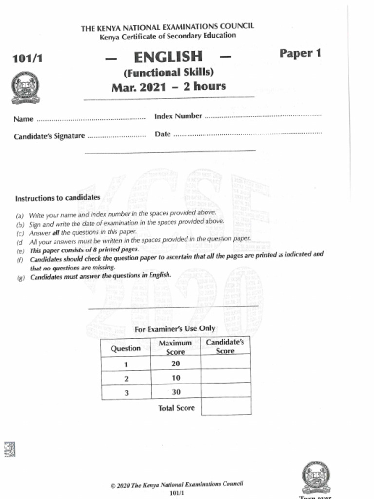 2020 KCSE English Paper 1 | PDF