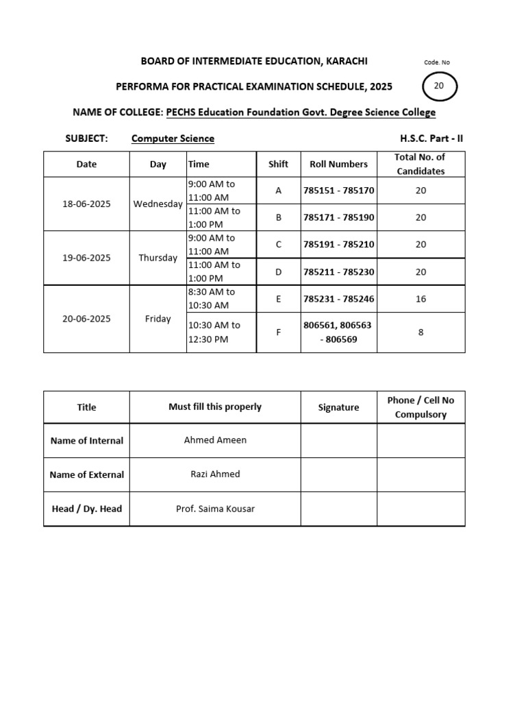 Practical Exam Schedule HSC II 2025 | PDF