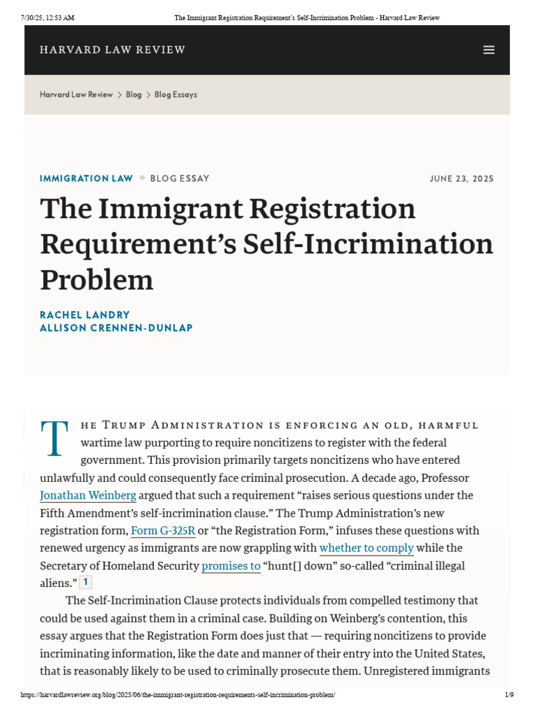The Immigrant Registration Requirement's Self-Incrimination Problem ...