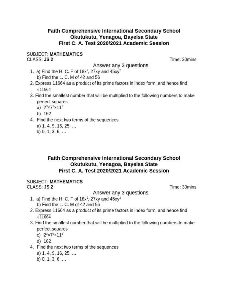 J S 2 Math Continuous Assessment | PDF
