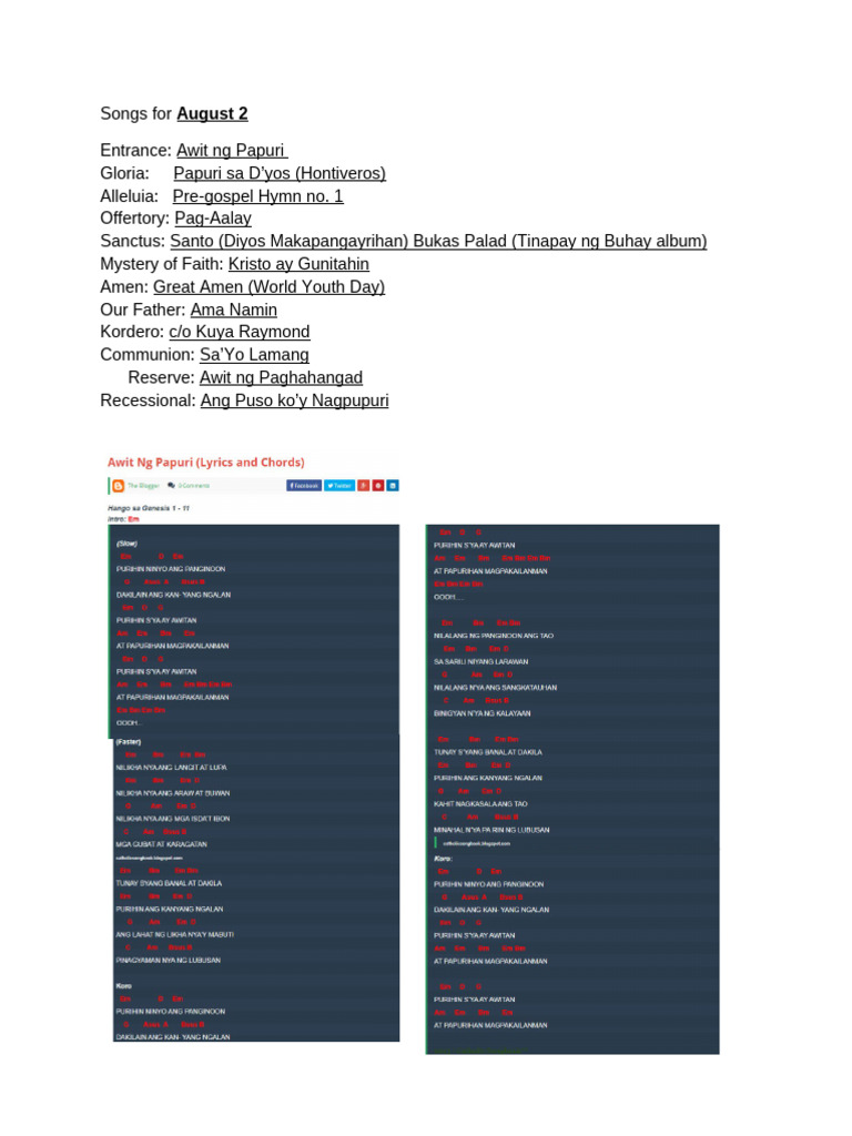 Songs for August 2 | PDF