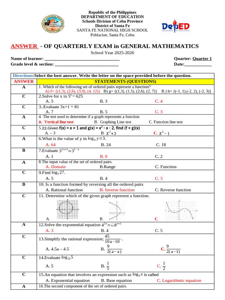 Grade 11 General Math Exam 1 Answers | PDF | Logarithm | Exponential ...