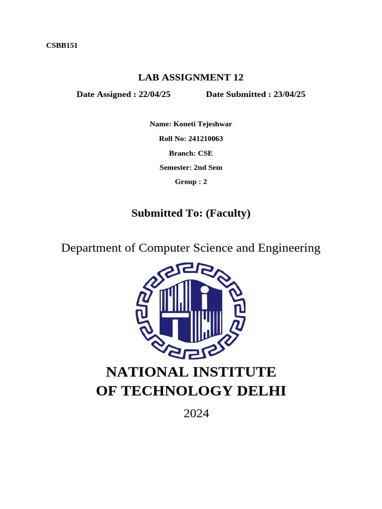 CSBB151 Lab Assignment 12 Submission | PDF
