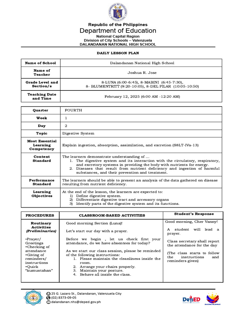 Daily Lesson Plan: Digestive System | PDF | Gastrointestinal Tract ...