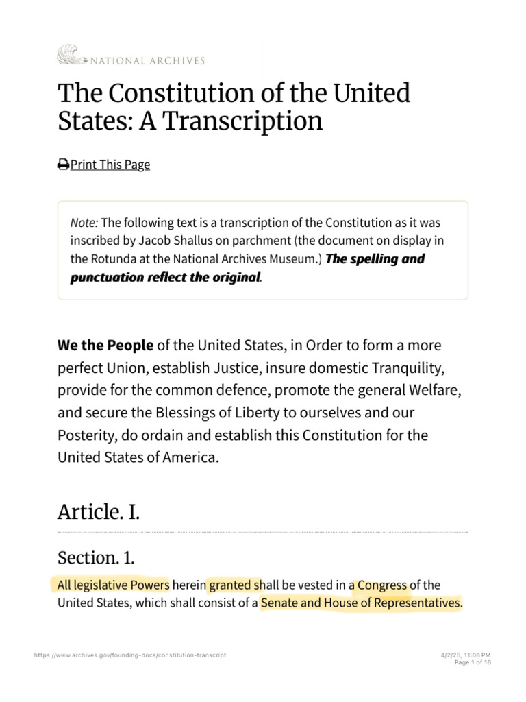 The Constitution of The United States - A Transcription - National ...