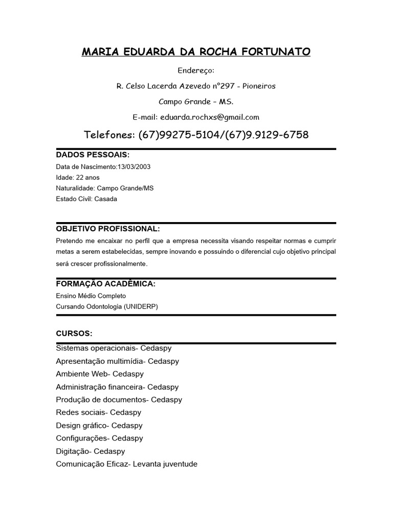 Currículo de Maria Eduarda Fortunato | PDF