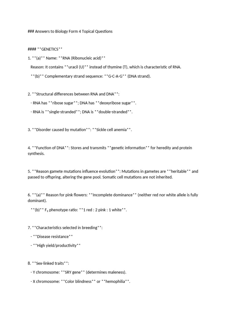 Answers To Biology Form 4 Topical Questions Answers | PDF | Dominance ...