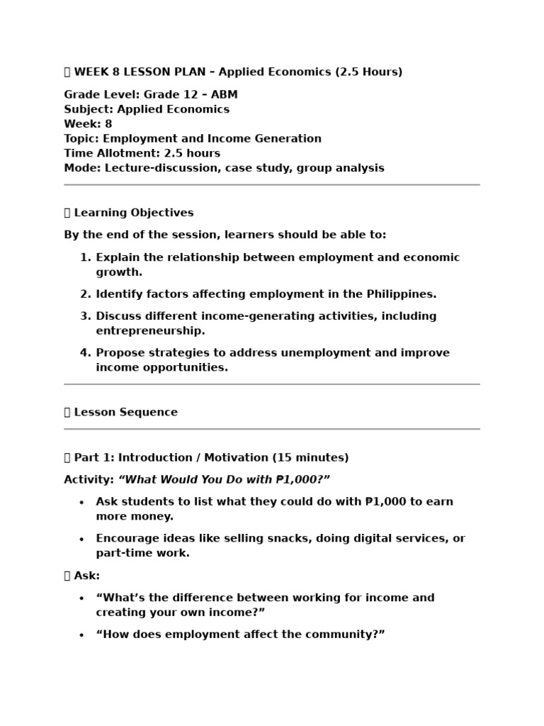 Employment & Income Generation Lesson Plan | PDF | Employment | Income