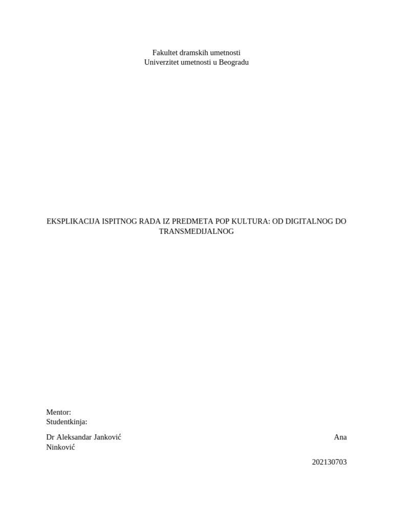 Ana Ninković Eksplikacija Ispitnog Rada | PDF