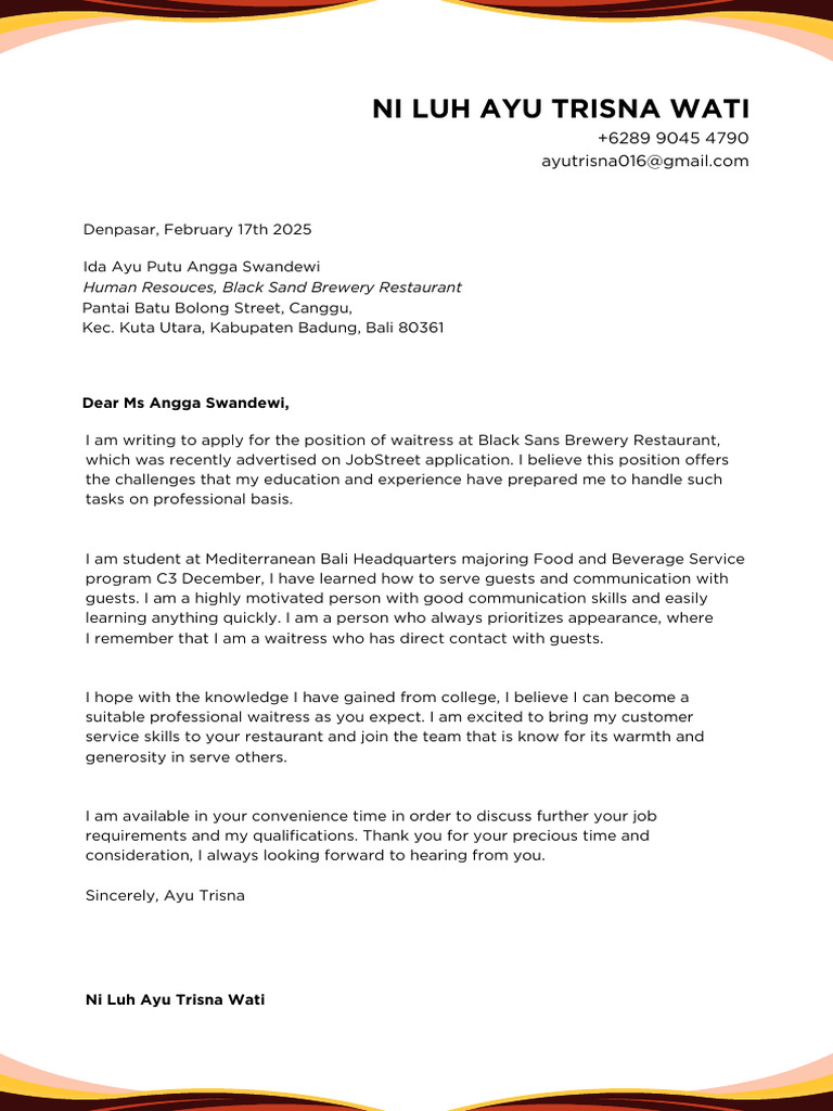 Cover Letter Ayu Trisna PDF | PDF
