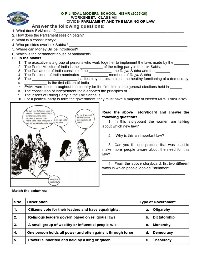 Class 8 Civics: Parliament Laws Worksheet | PDF | Government | Governance