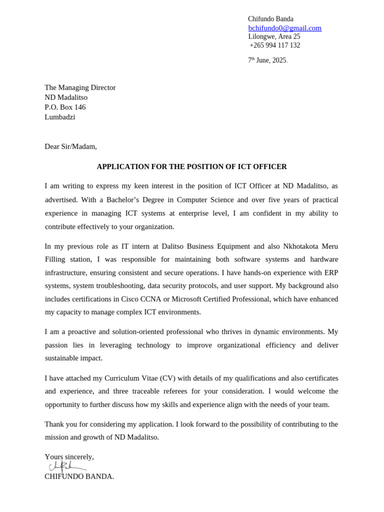 ICT Officer Application by Chifundo Banda | PDF