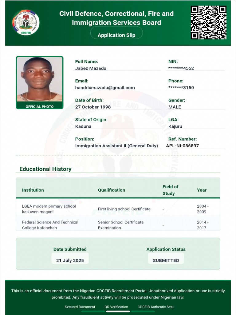 Jabez Danjuma Mazadu Application Slip | PDF