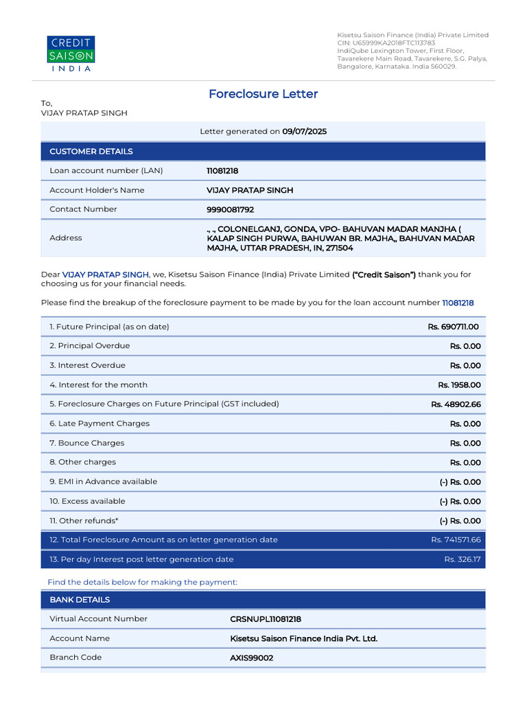 Kisetsu Saison Loan Foreclosure Details | PDF | Payments | Foreclosure