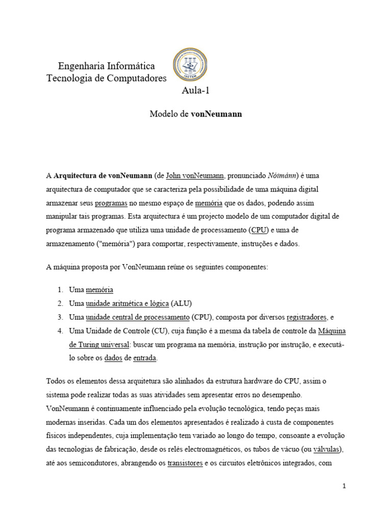 Modelo Von Neumann Aula 1 | PDF | Unidade central de processamento ...
