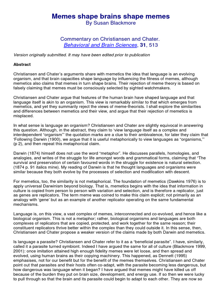 Memetics and Brain Evolution Debate | PDF | Meme | Evolution