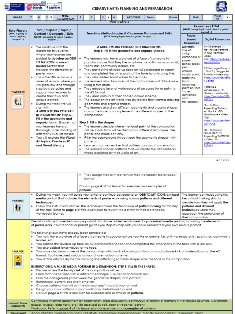 Lesson Plan GR 9 Creative Arts Visual Art T3 W5 | PDF | Pattern | Learning