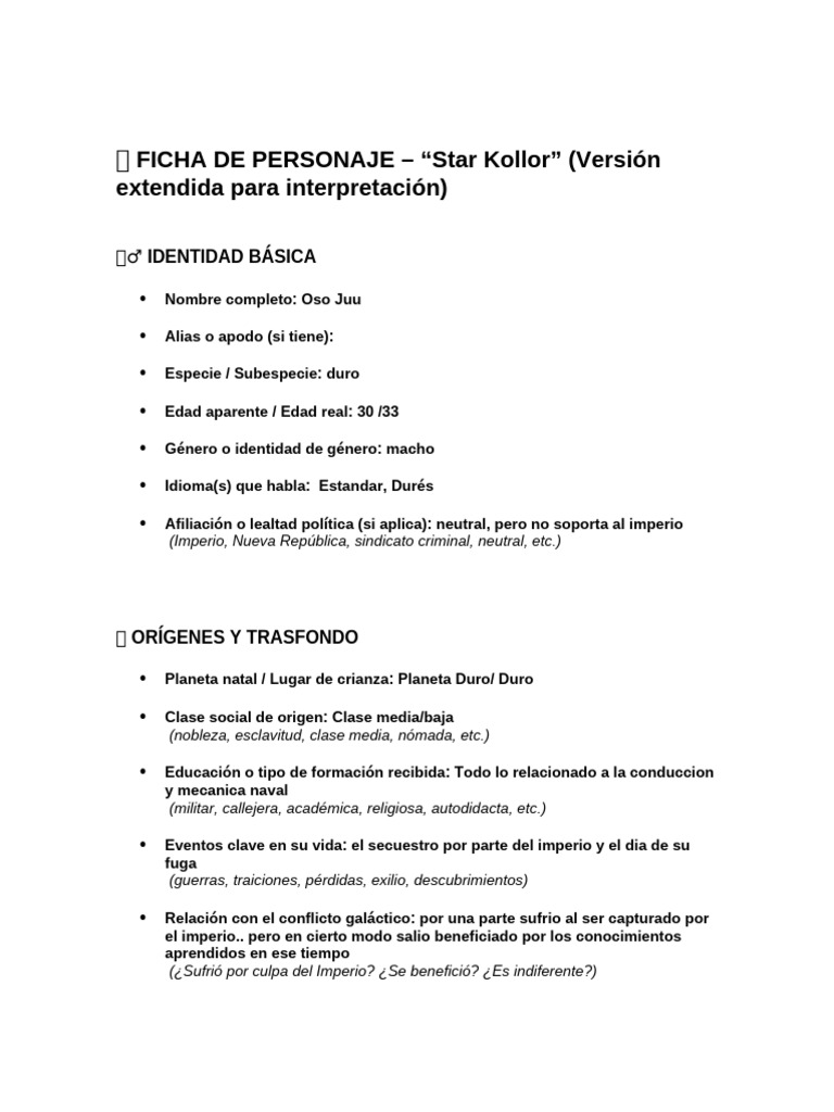 Ficha de Personaje: Oso Juu "Star Kollor" | PDF