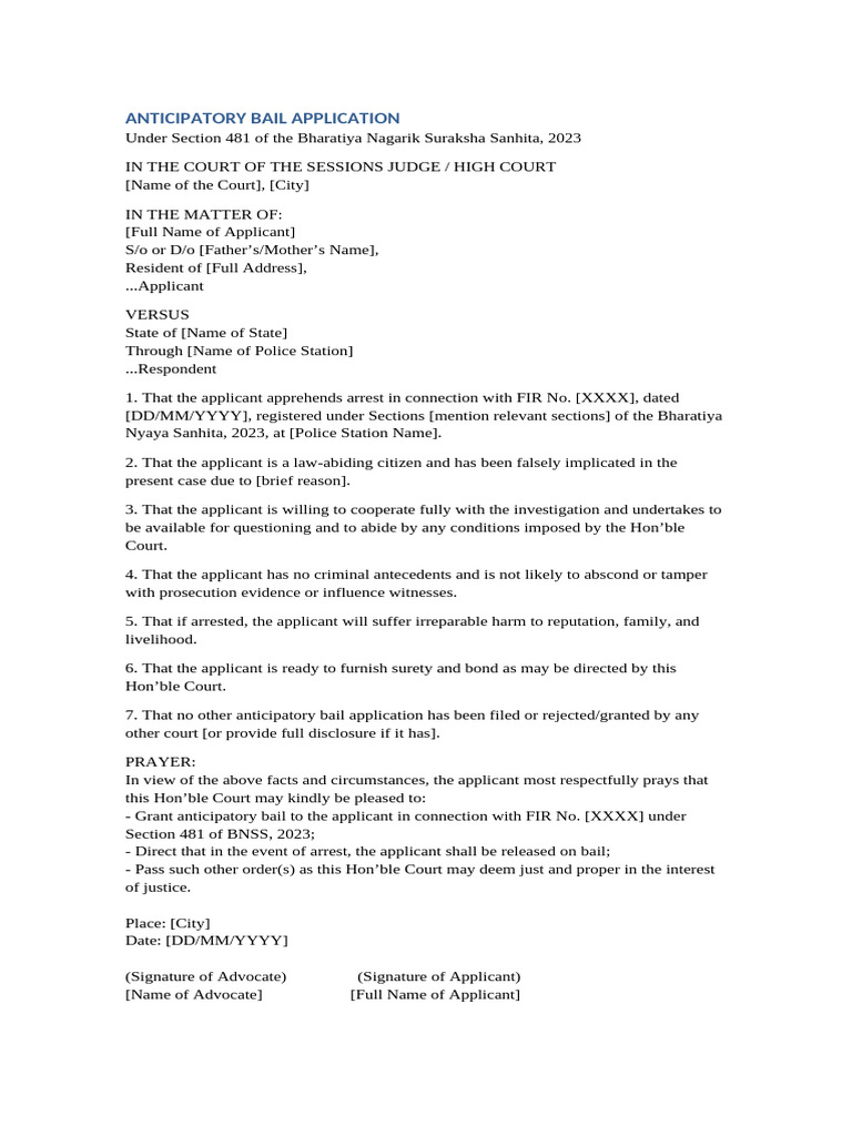 Anticipatory Bail Application BNSS 2023 | PDF | Bail | Affidavit