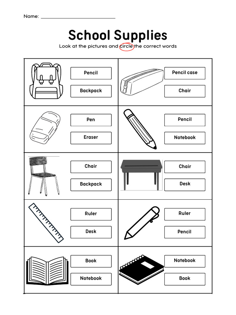 White Colorful School Supplies Vocabulary Worksheet | PDF