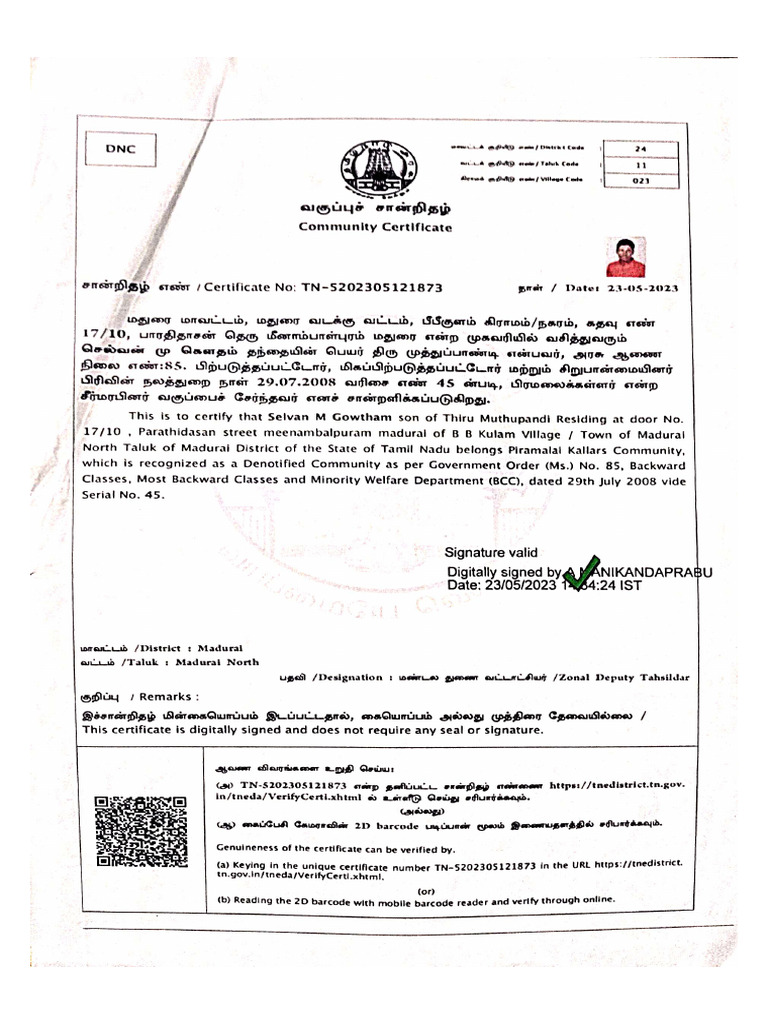 Gowtham Community Certificate | PDF