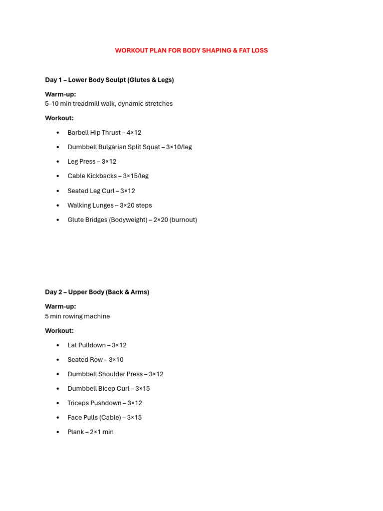 Workout Plan For Body Shaping | PDF