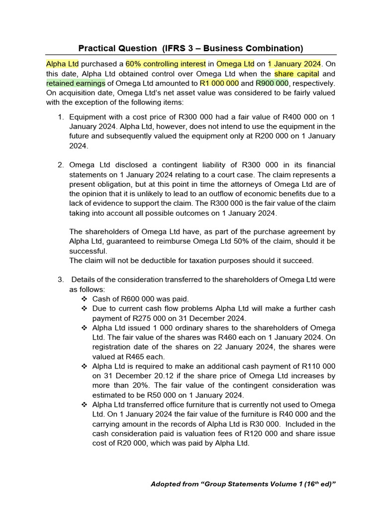 Practical Question (IFRS 3 - Business Combination) | PDF | Fair Value | Goodwill (Accounting)