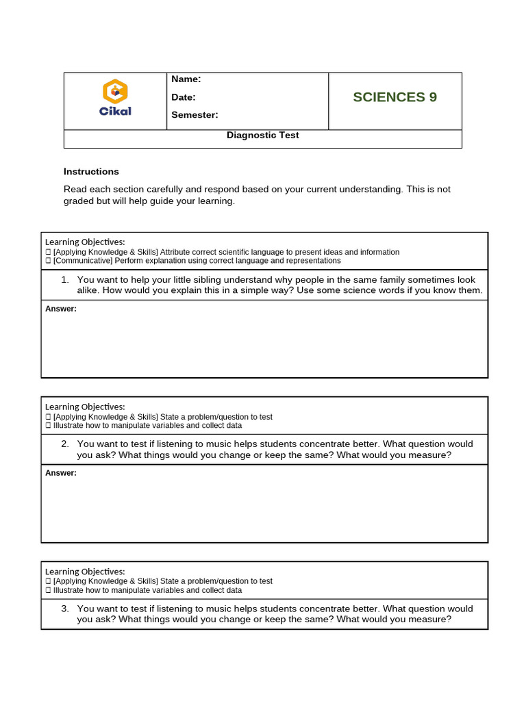 Diagnostic Test Sci 9 Sem 1 | PDF