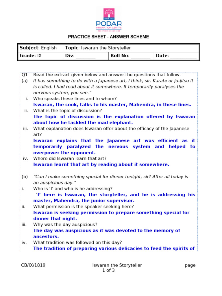 PS As IX Eng Iswaran The Storyteller | PDF
