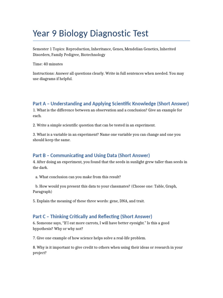 Year 9 Biology Diagnostic Test | PDF