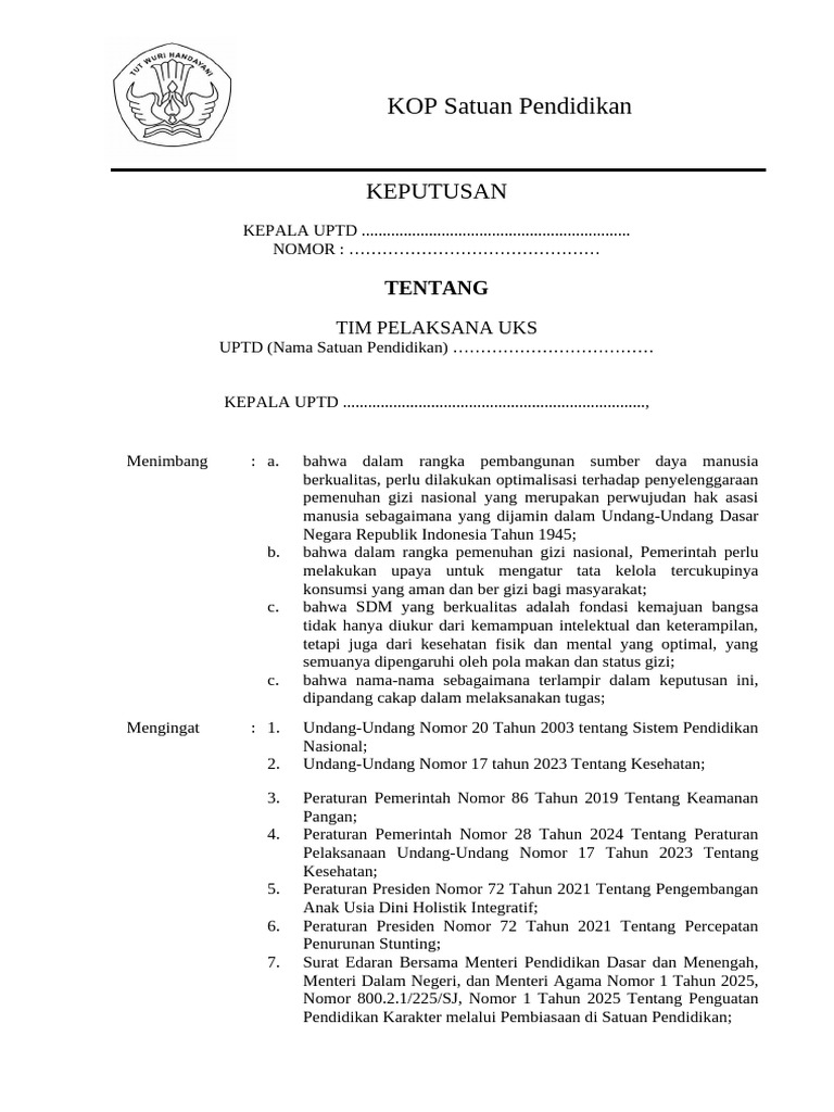 SK Tim Pelaksana UKS Sekolah 2025 | PDF