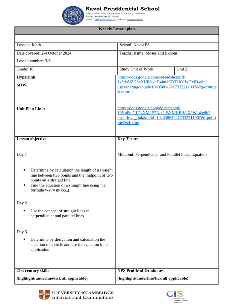 Cie A Level Math g10 WK 7 2024-25 Lesson Plan Day 1-3 - Coordinate Geometry | PDF | Equations ...