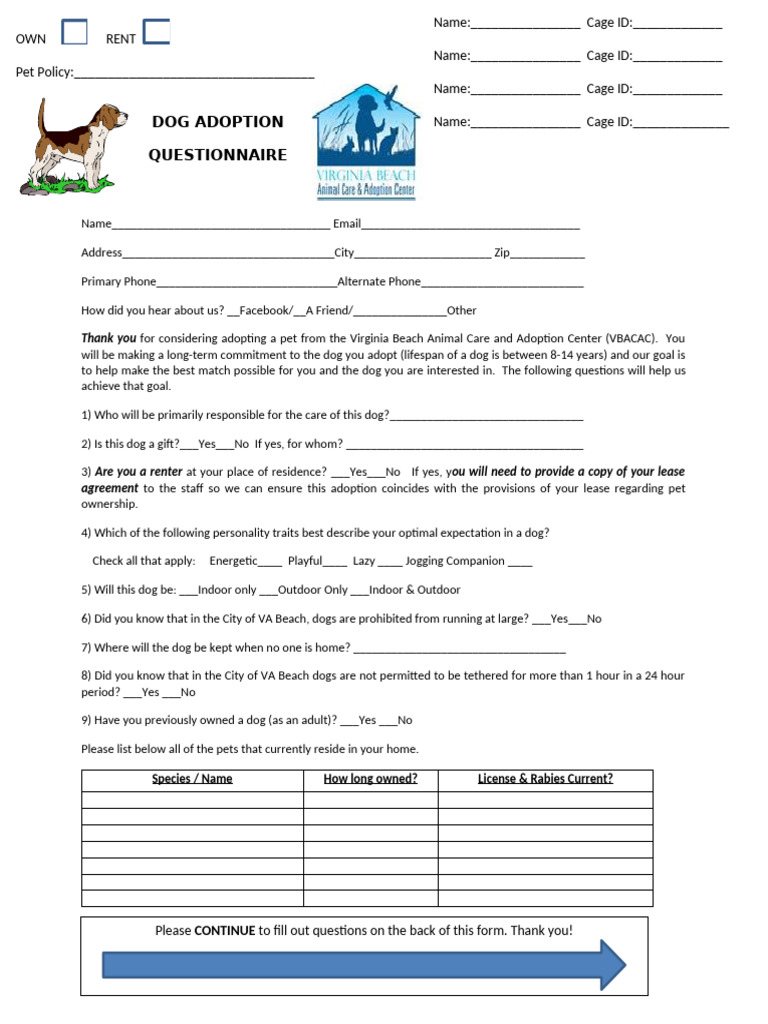 Dog Adoption Questionnaire Form | PDF | Pet | Dogs