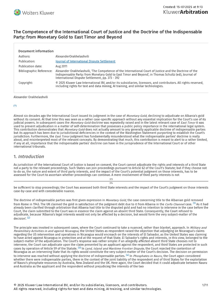 ICJ Competence and Indispensable Parties | PDF | Judgment (Law ...