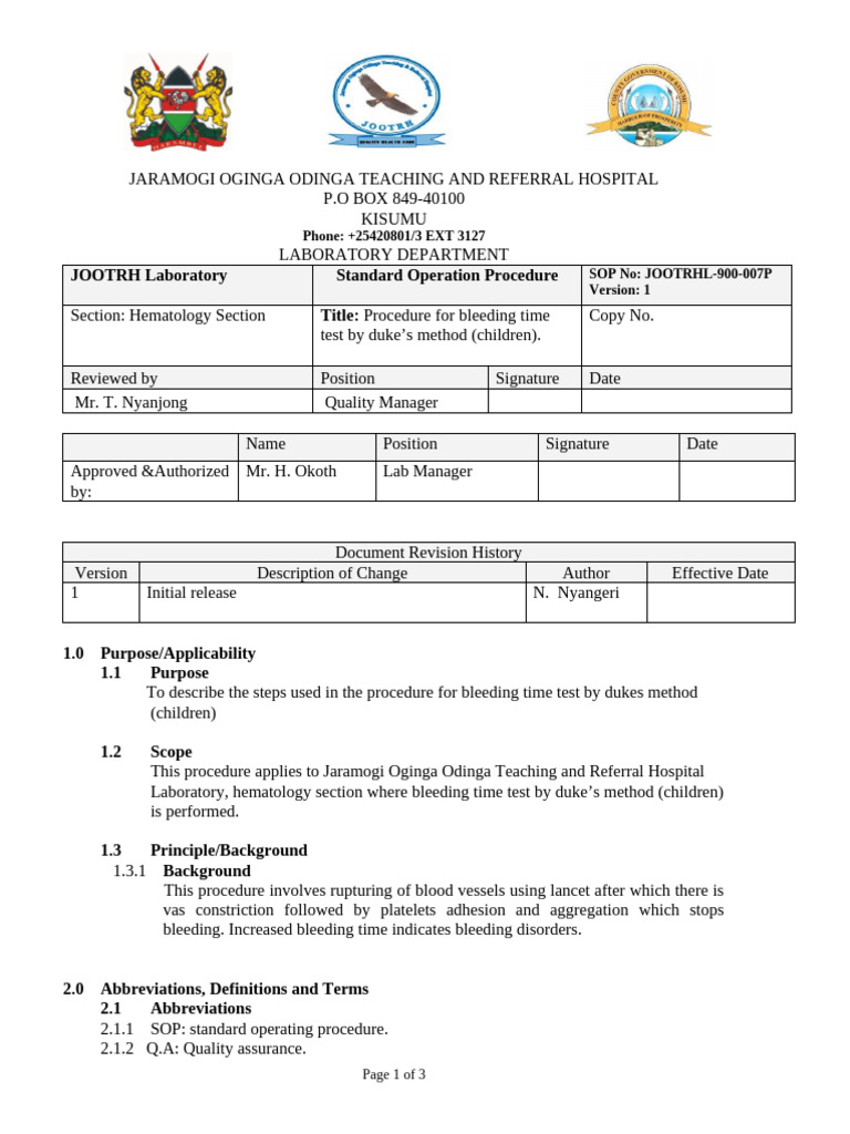 Bleeding Time Test SOP for Children | PDF | Bleeding | Medical Specialties