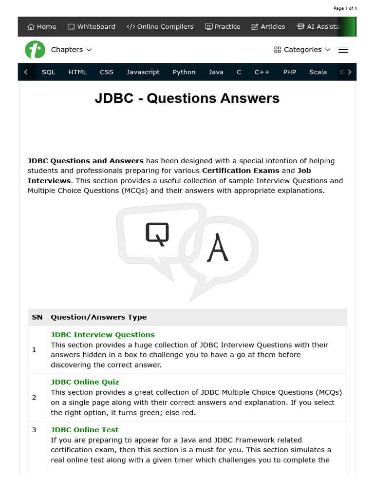 JDBC Questions and Answers | PDF | Multiple Choice | Software Engineering