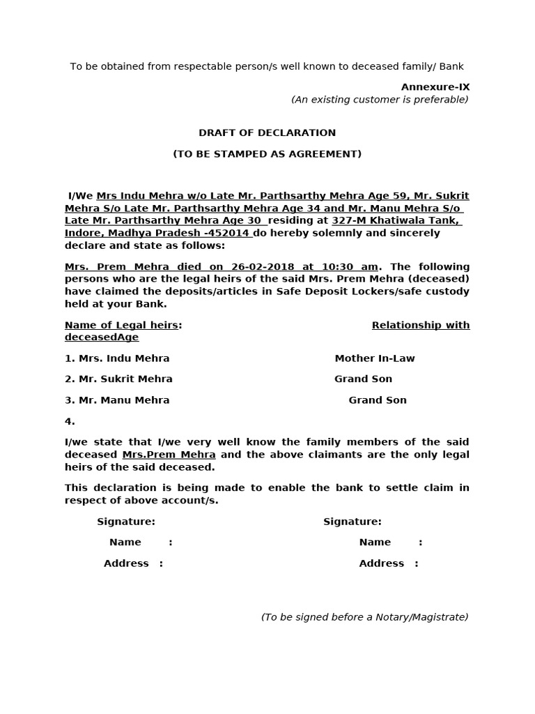 Annexure IX Draft of Declaration | PDF