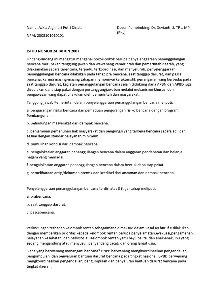 Penanggulangan Bencana Menurut UU 24/2007 | PDF