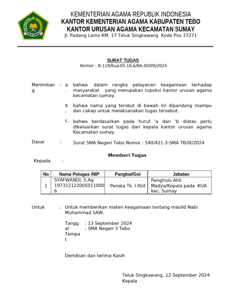 Surat Tugas dan Rekomendasi KUA Sumay | PDF