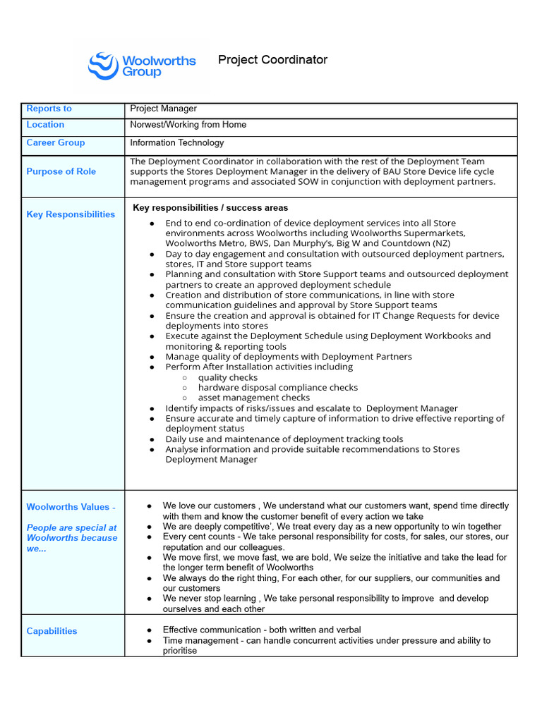Project Coordinator Job Profile - Woolworths Group | PDF | Business