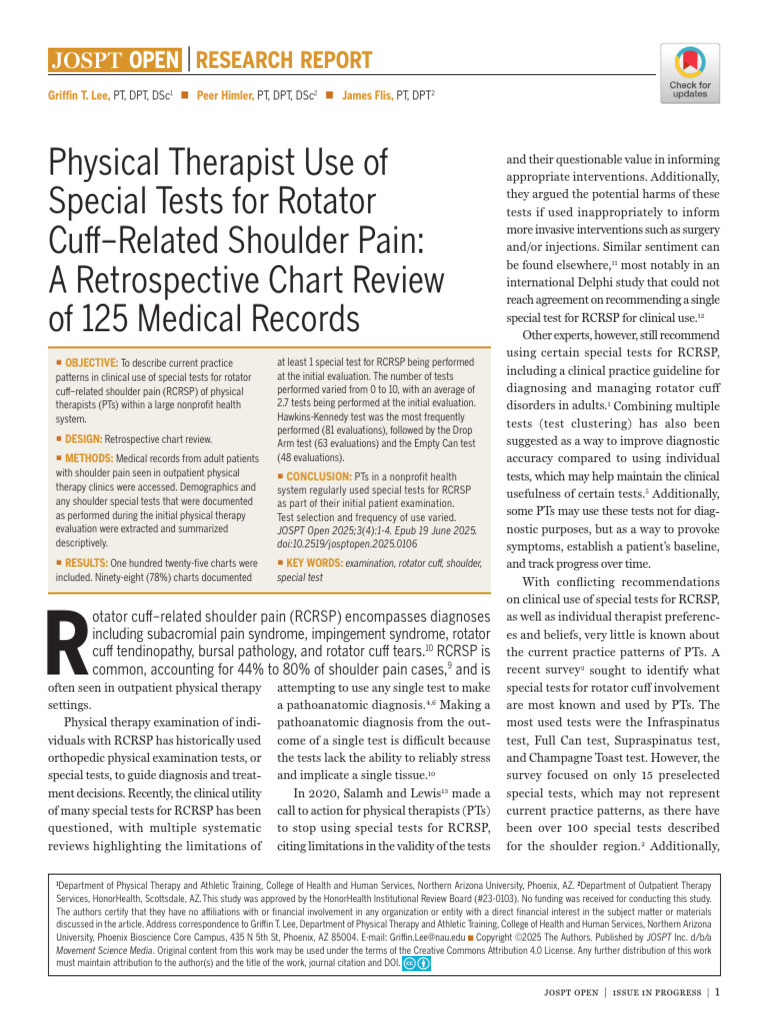 Lee Et Al 2025 Physical Therapist Use of Special Tests For Rotator Cuff ...