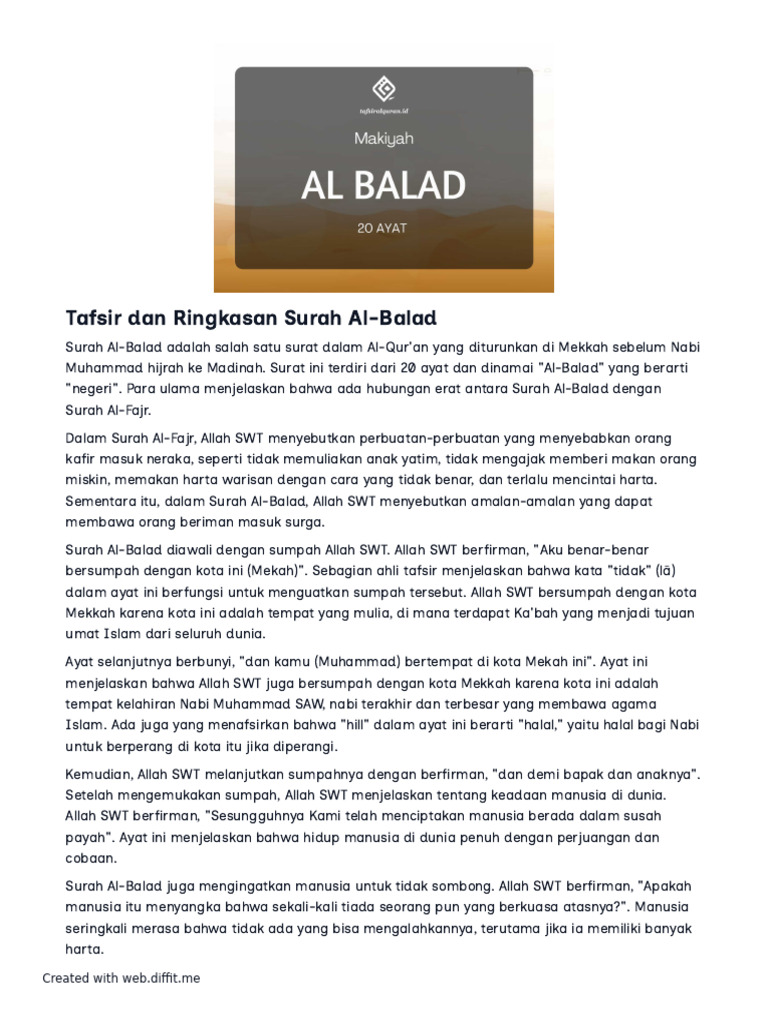 Tafsir dan Ringkasan Surah Al-Balad | PDF