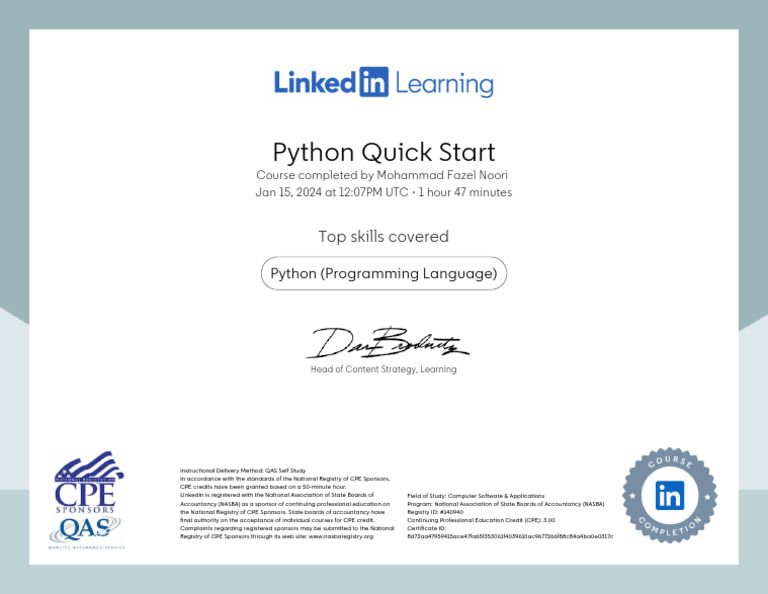CertificateOfCompletion - Python Quick Start | PDF
