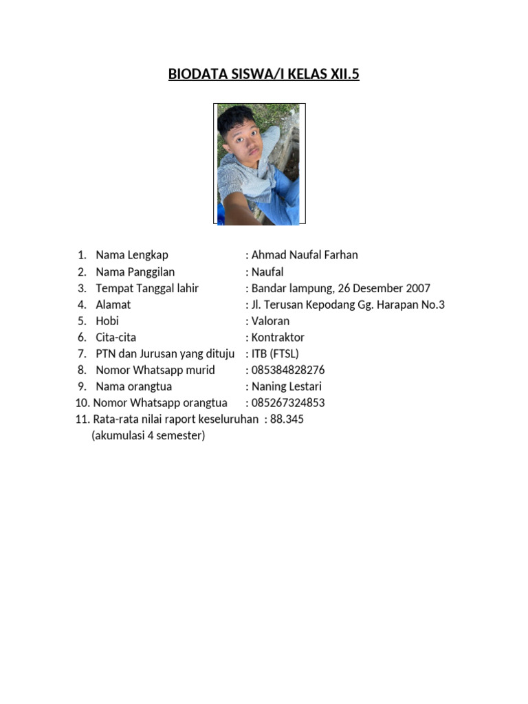 Biodata Siswa Xii.5 Aan | PDF