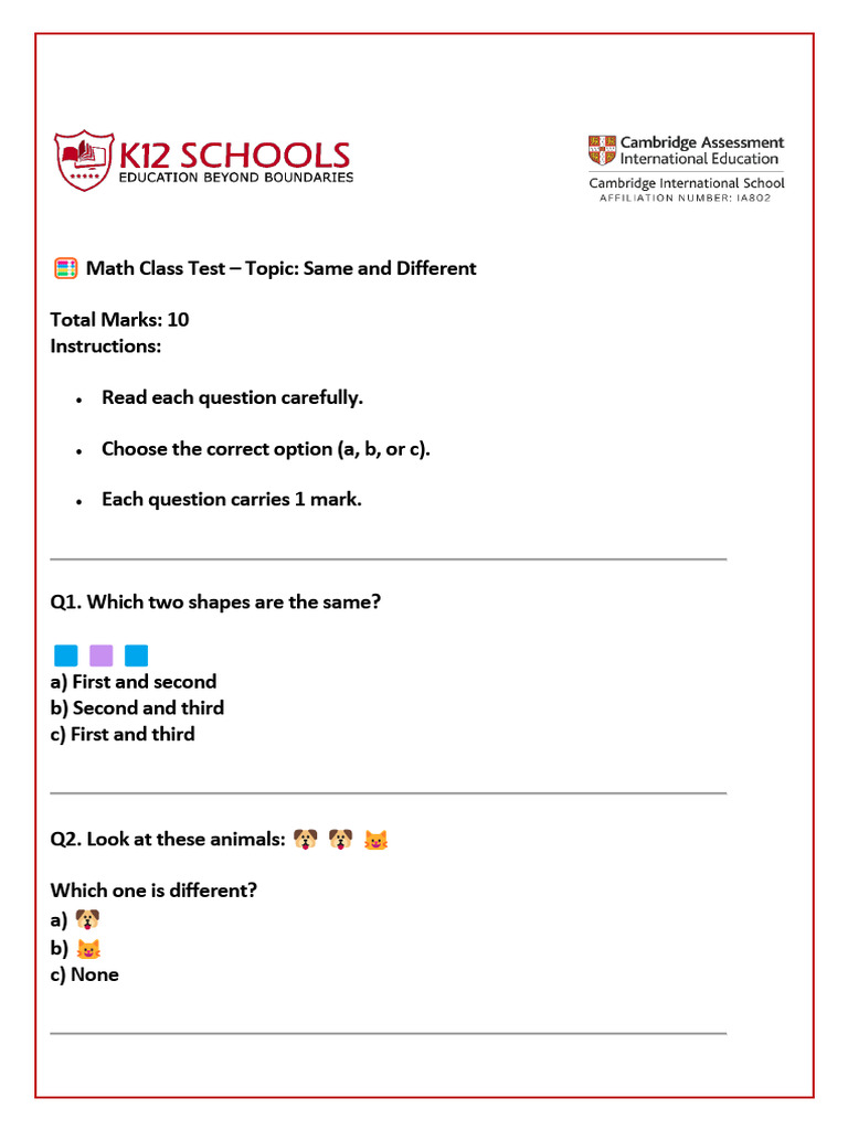 Grade - LKG Math Same and Different Class Test | PDF